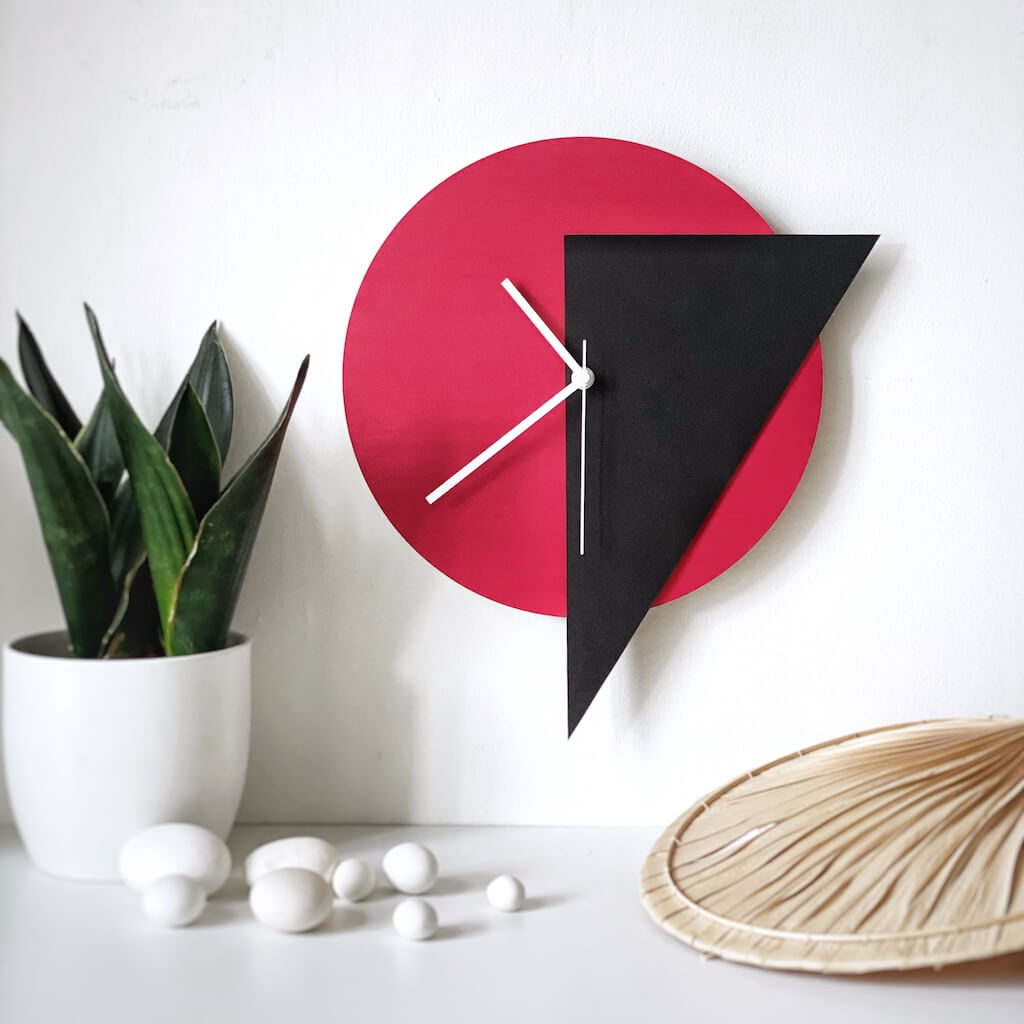 Cherry Red Abstract Geometric Clock • Jagged Squares